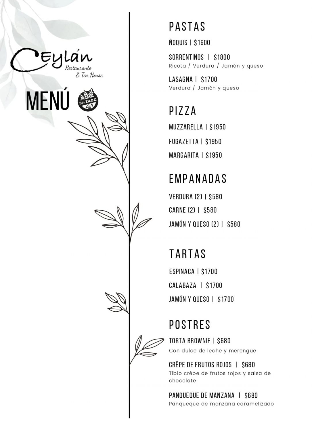 Menú apto celíacos - SIN TACC - Ceylán Restó Bariloche